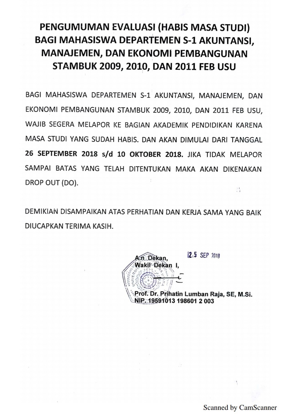 Pengumuman Evaluasi Habis Masa Studi Mahasiswa